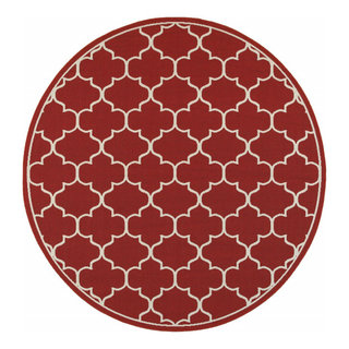 8' x 8' Red and Ivory Round Indoor Outdoor Area Rug - Contemporary ...