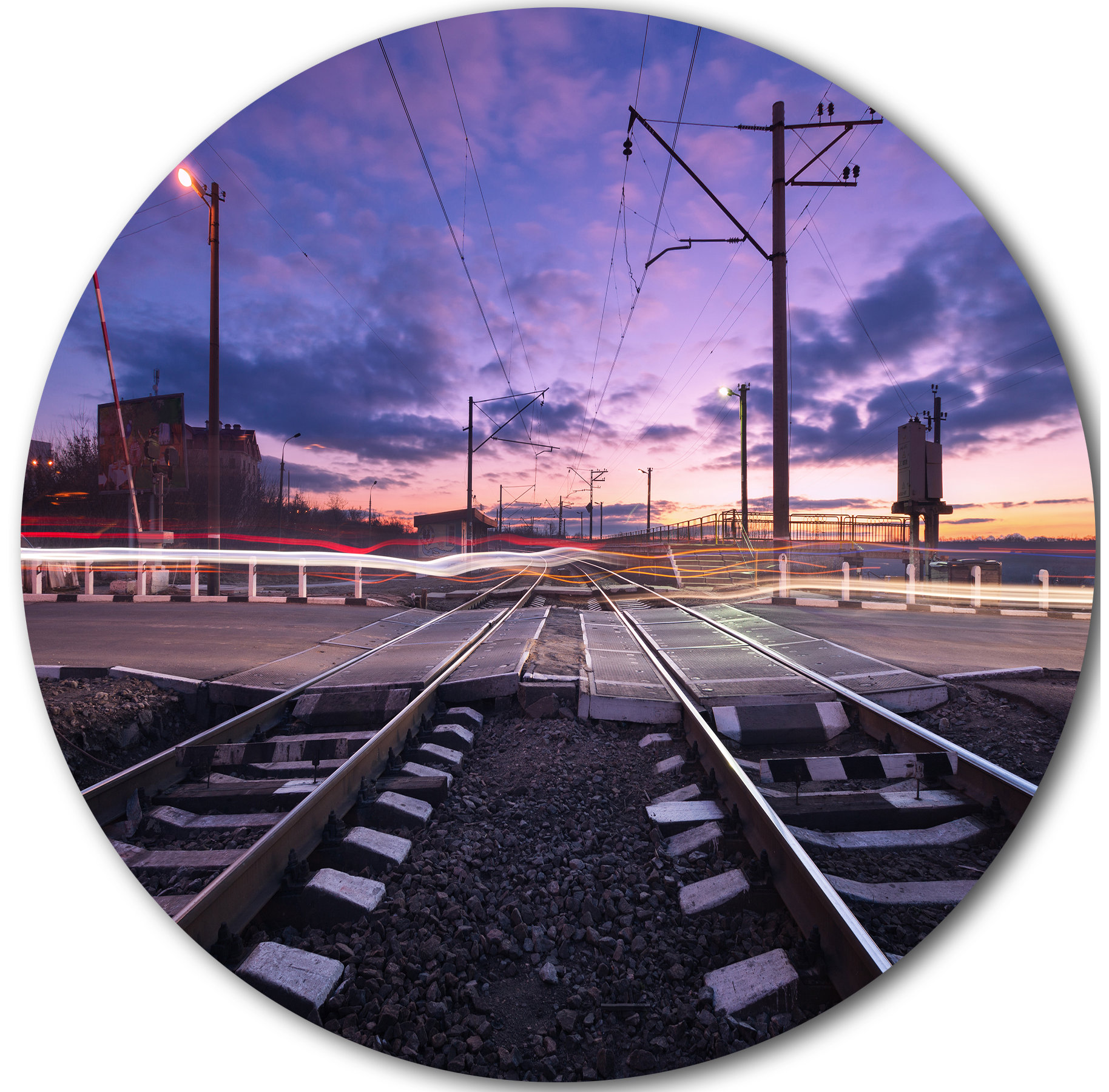 Rail Crossing With Blurred Car Lights, Cityscape Disc Metal Art, Disc ...