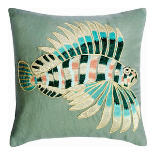 Decorative Fish Embroidered Dull Blue Linen Pillow Cover For Sofa ...