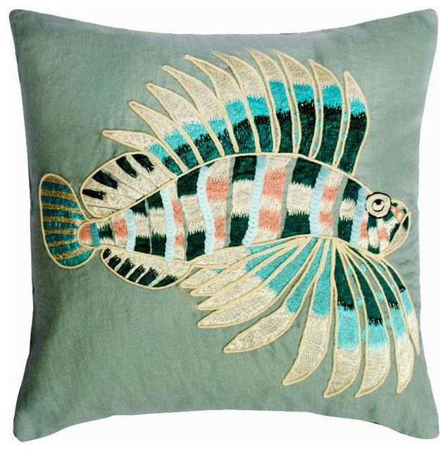 Decorative Fish Embroidered Dull Blue Linen Pillow Cover For Sofa ...