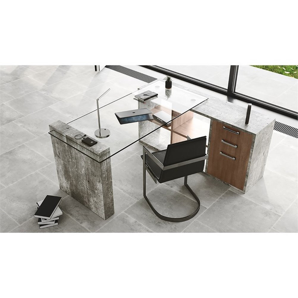 Modrest Boston Modern Tempered Glass & Faux Concrete Writing Desk in ...