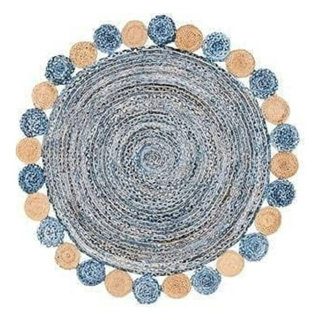 Handmade Natural Jute/Denim Round Rug with Circle Accents, Indoor ...