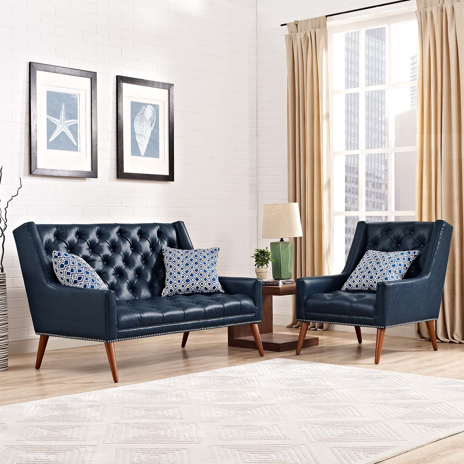 Modern Armchair and Loveseat Sofa Set, Faux Vinyl Leather - Midcentury ...