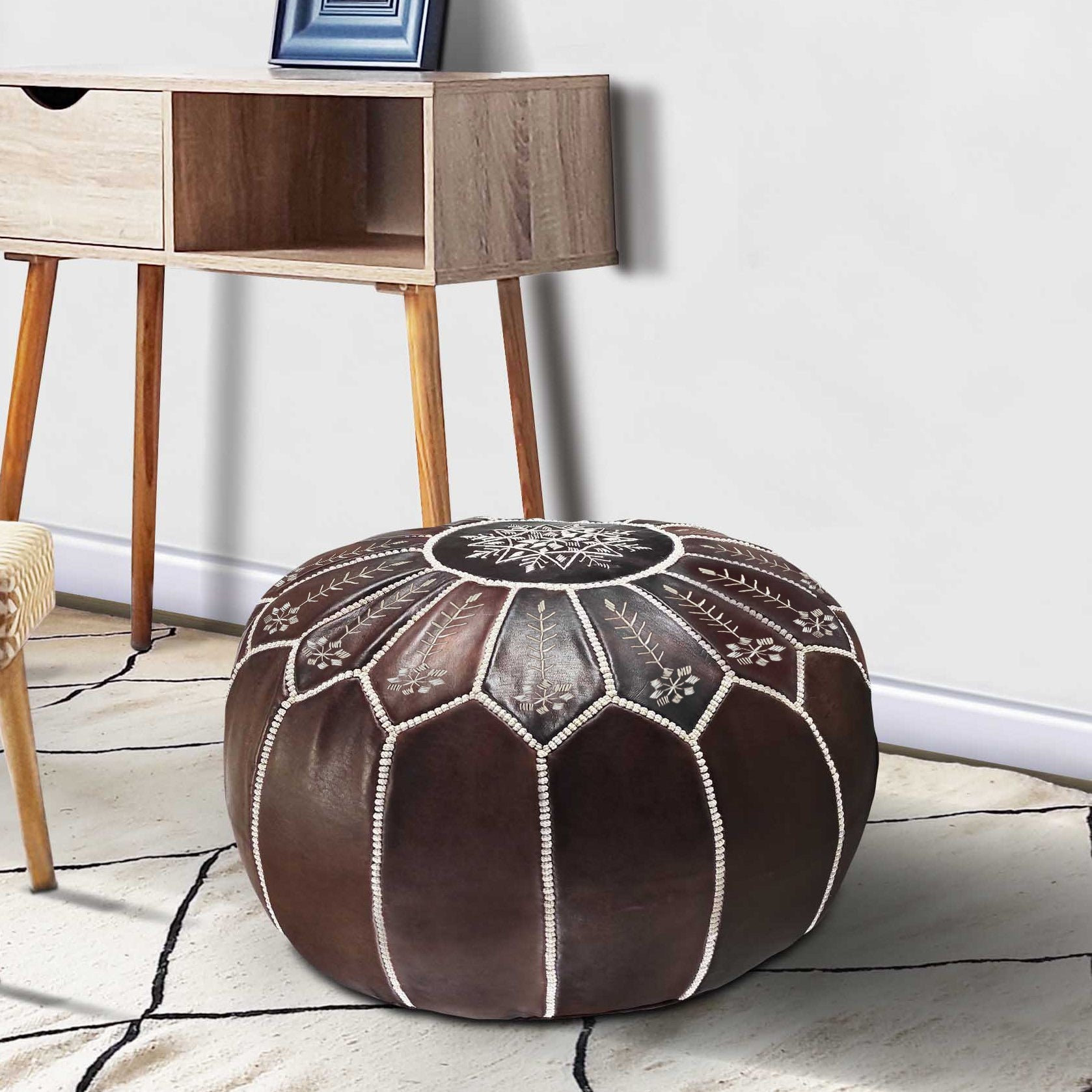 3 Colors Handmade Moroccan Ottoman, Embroidered Genuine Leather ...