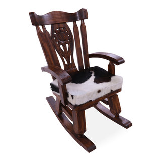 Wooden Rocking Chair Handcarved Back Removable Hair-On Cowhide Pillow ...