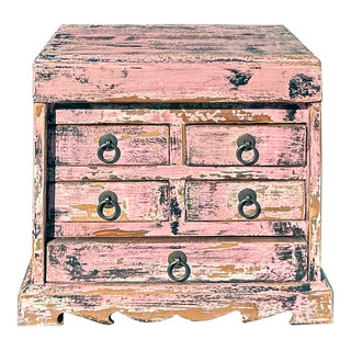 14" Distressed Faded Pink Small 5 Drawers Storage Chest Box - Asian ...