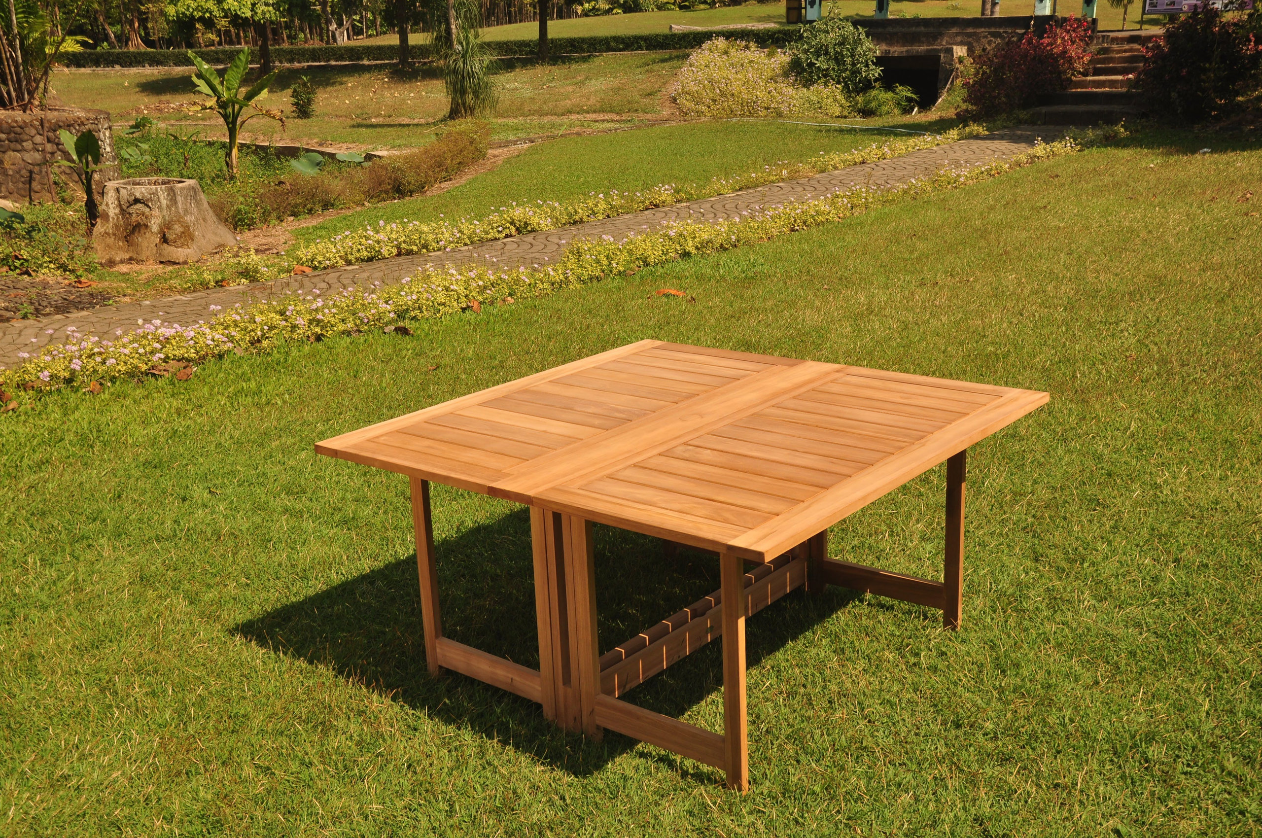 7-Piece Outdoor Teak Set: 60" Square Butterfly Table, 6 Alps Stacking ...