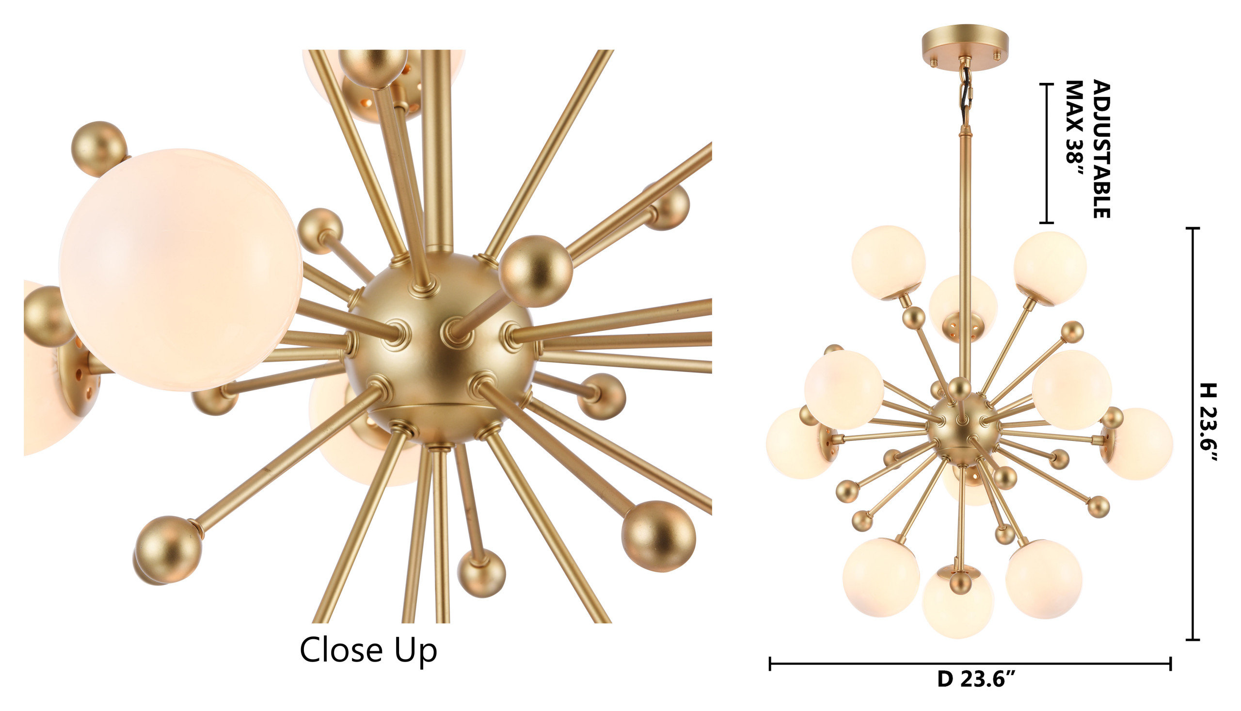 Gold Spike Light Fixture, White Glass Globe Shades - Midcentury ...