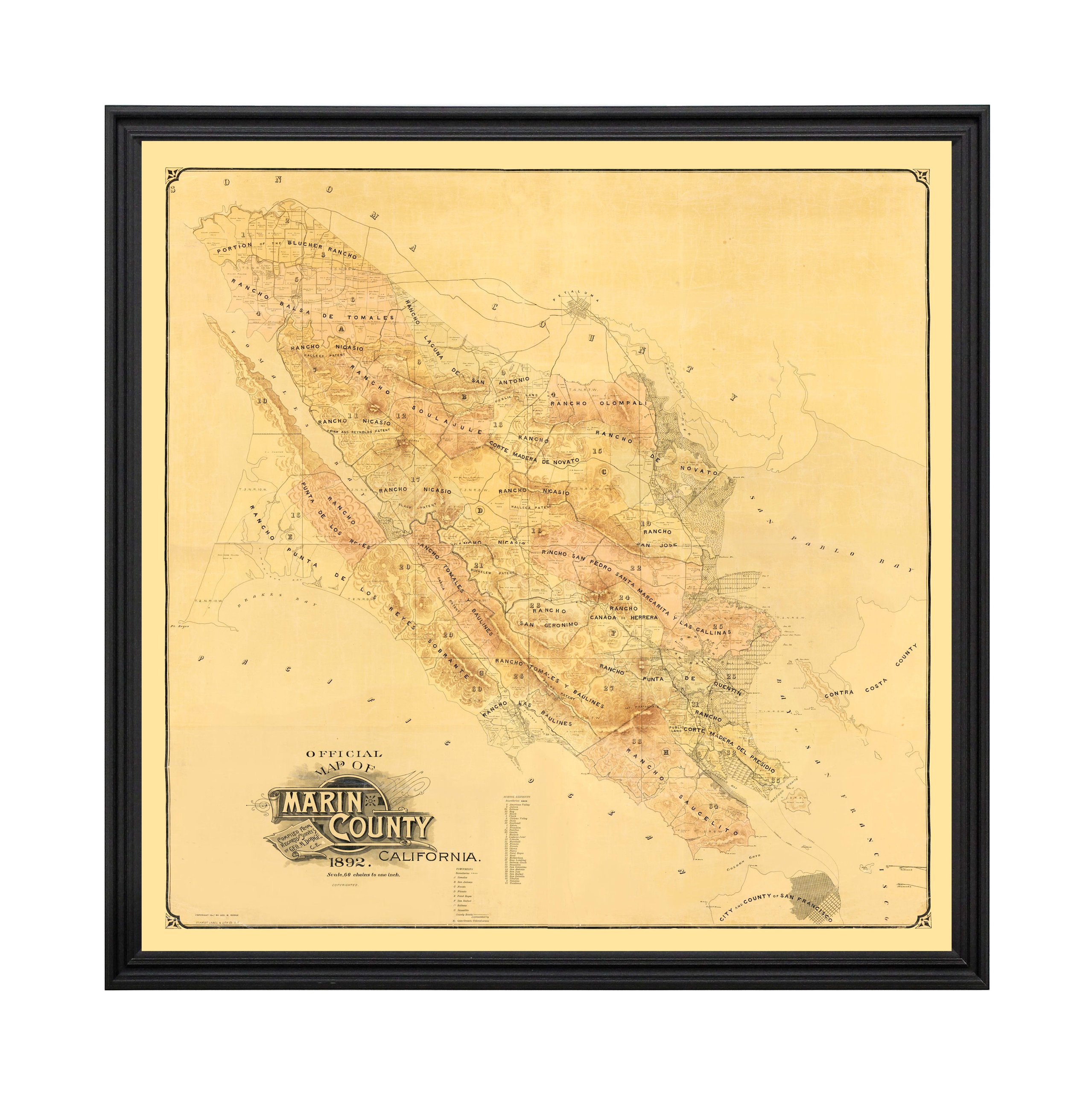 Marin County Map Framed Art 1892, Vintage California Wall Decor, 24x24 ...