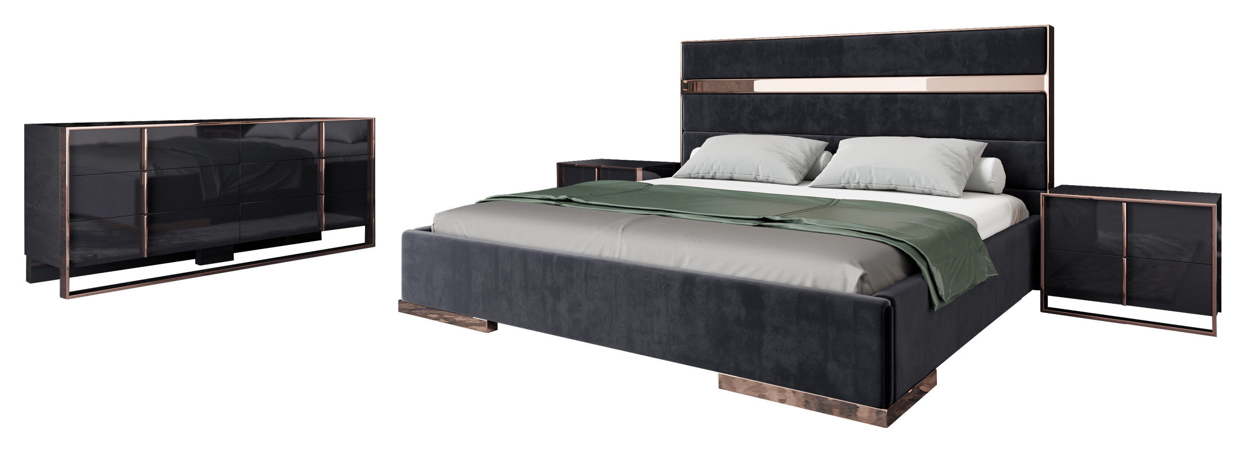Modrest Cartier Black + Rose Gold Bed + Nightstands, Queen ...