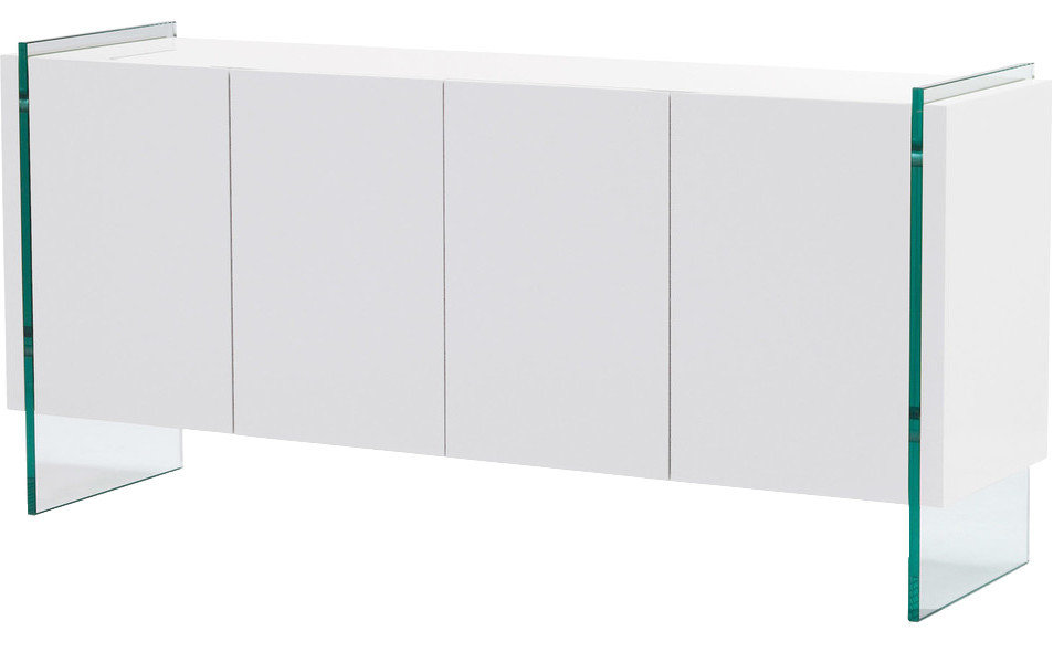 Art Buffet White Lacquer Cabinets Tempered Glass Base Cable Management ...