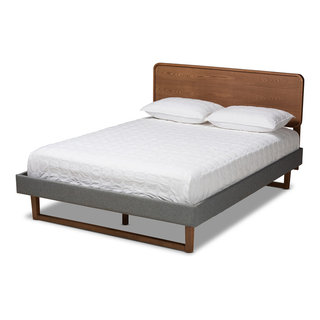 Janetta Dark Gray Fabric Upholstered Walnut Brown Wood Queen Platform ...