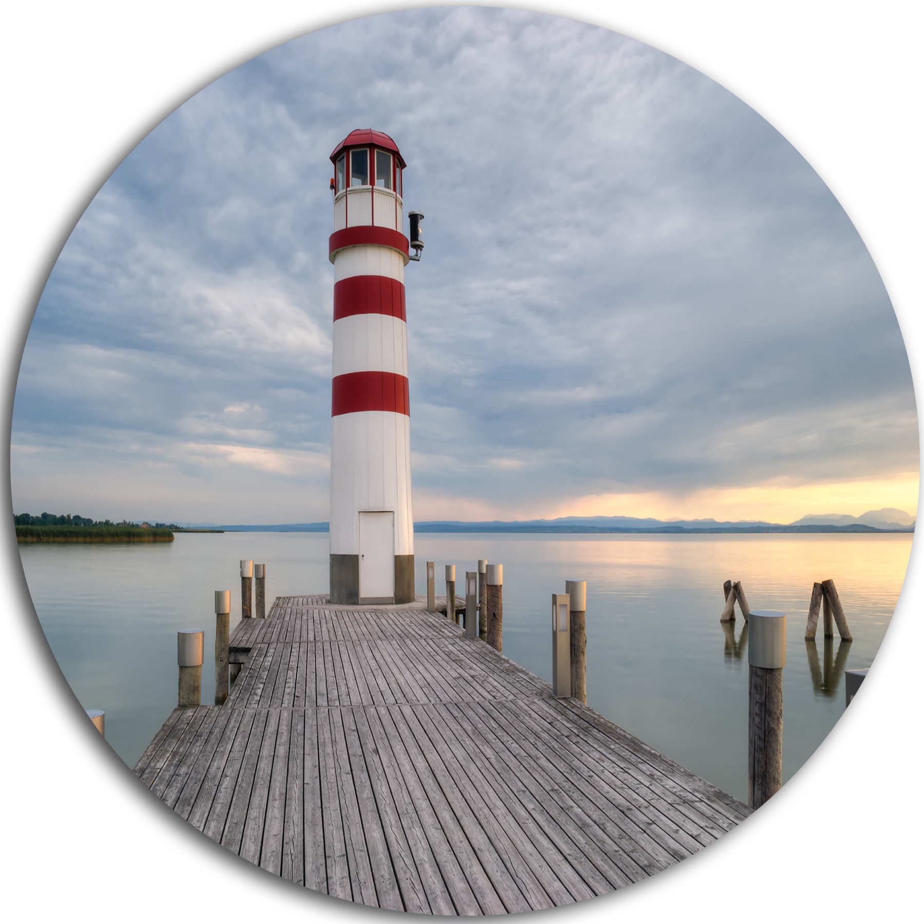 Lighthouse At Lake Neusiedl At Sunset, Sea Bridge Round Wall Art, Disc ...