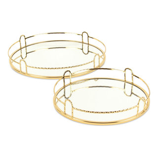 Mianzi Round Quilted Rim Gold Metal Trays (Set of 2) - Contemporary ...
