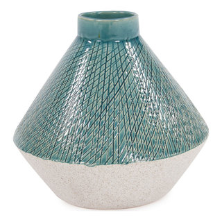 Cross Hatched Sea Blue Ceramic Angled Vase - Contemporary - Vases - by ...