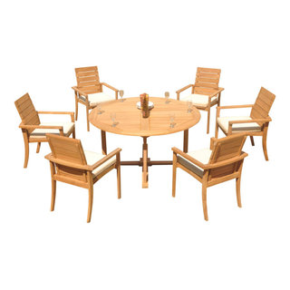 7-Piece Outdoor Teak Dining Set: 60" Round Table, 6 Alps Stacking Arm ...