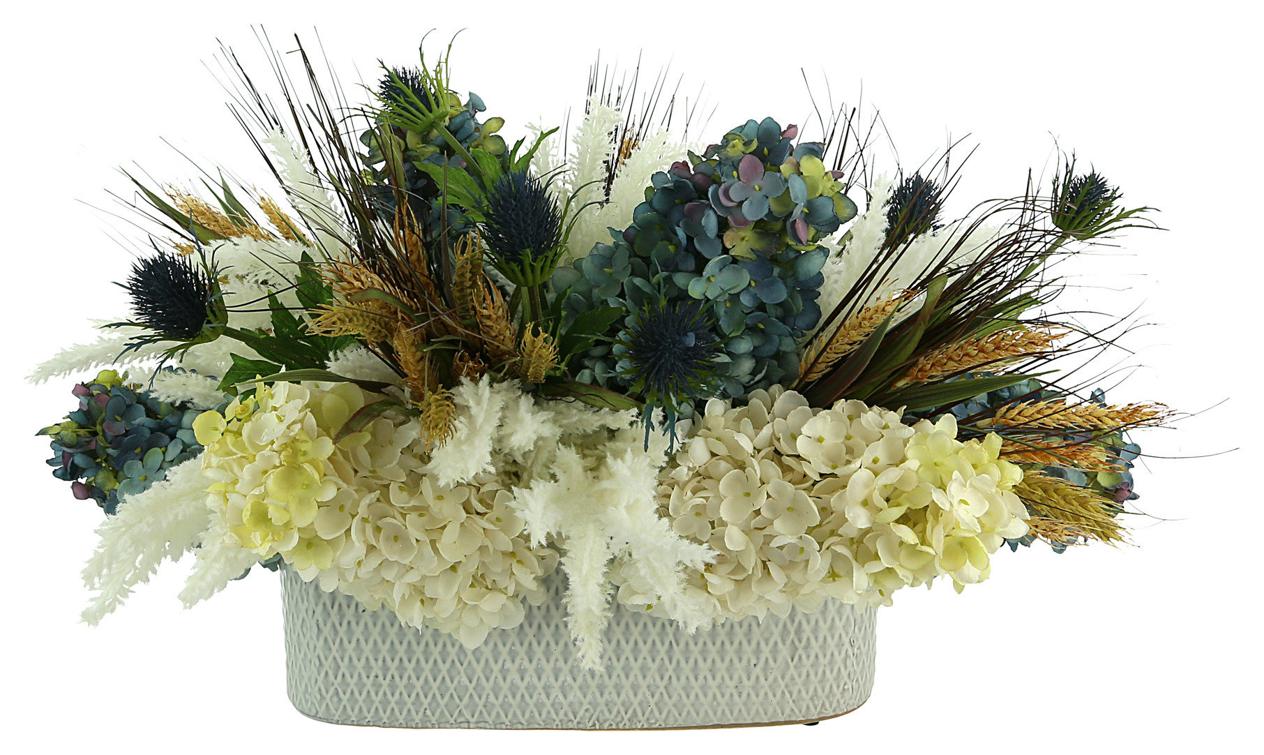 Assorted Hydrangea, Pampas, Thistle and Wheat Arrangement in a Ceramic ...
