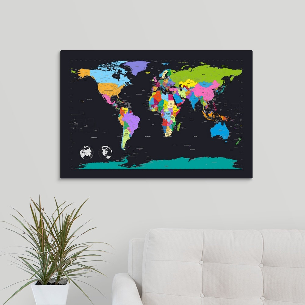 Traditional world map on black background Wrapped Canvas Art Print, 30 ...