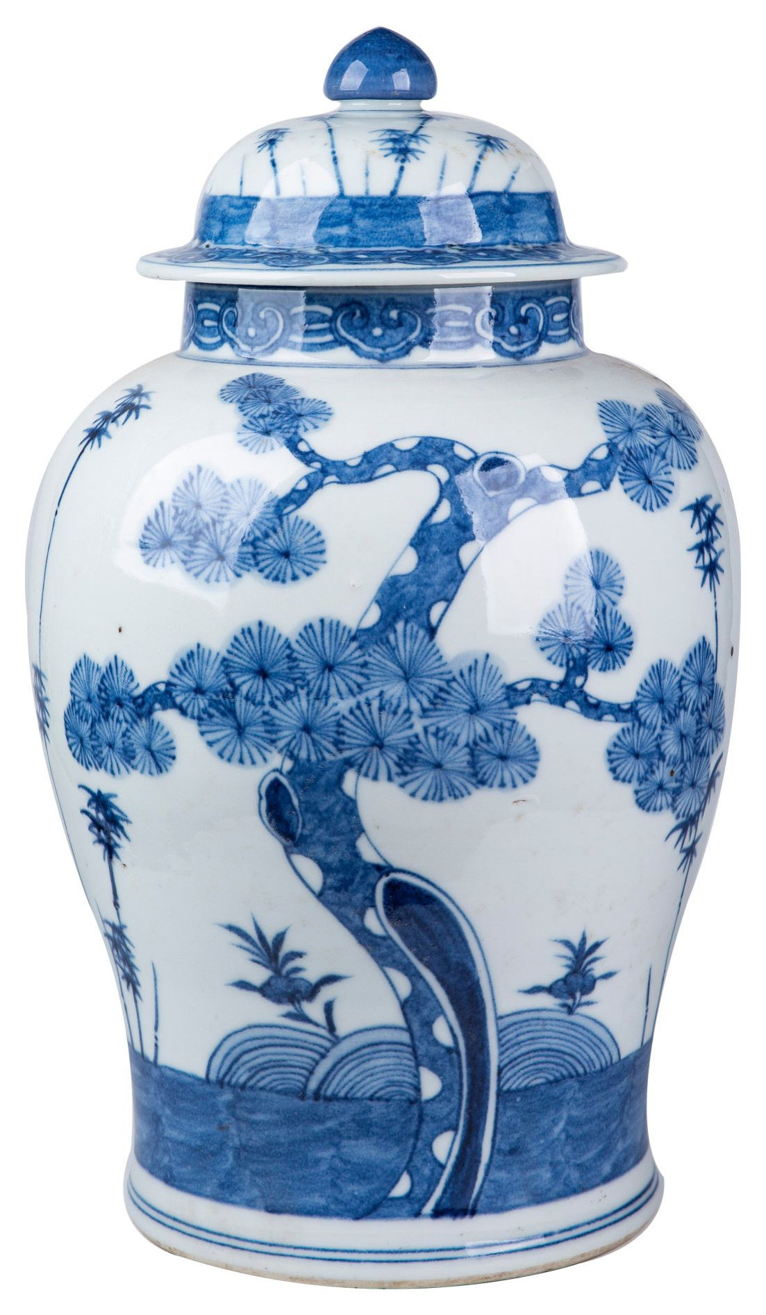 Blue And White Ming Pine Tree Temple Jar - Asian - Decorative Jars And ...