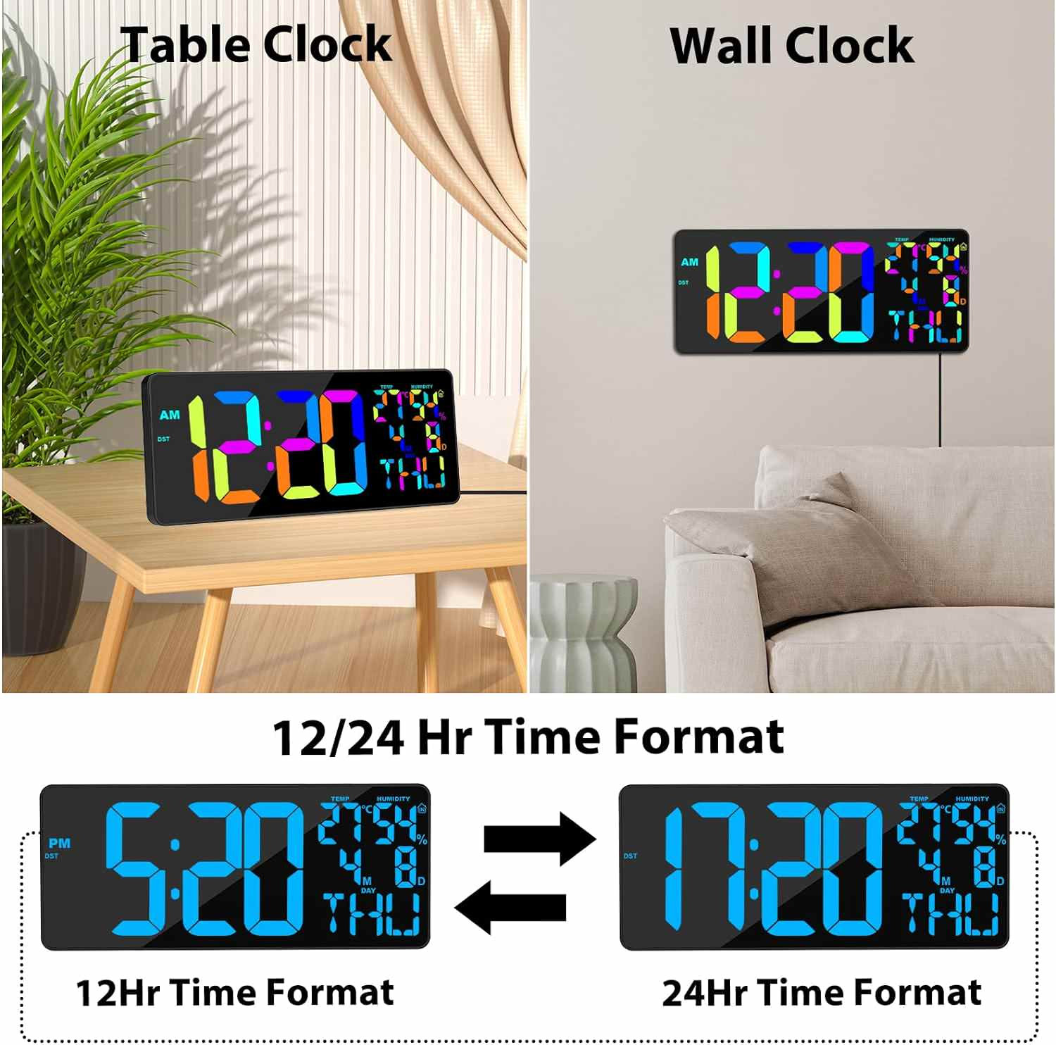 [Oversized] 18" Digital Wall Clock Large Display, 11 RGB Color - Modern ...