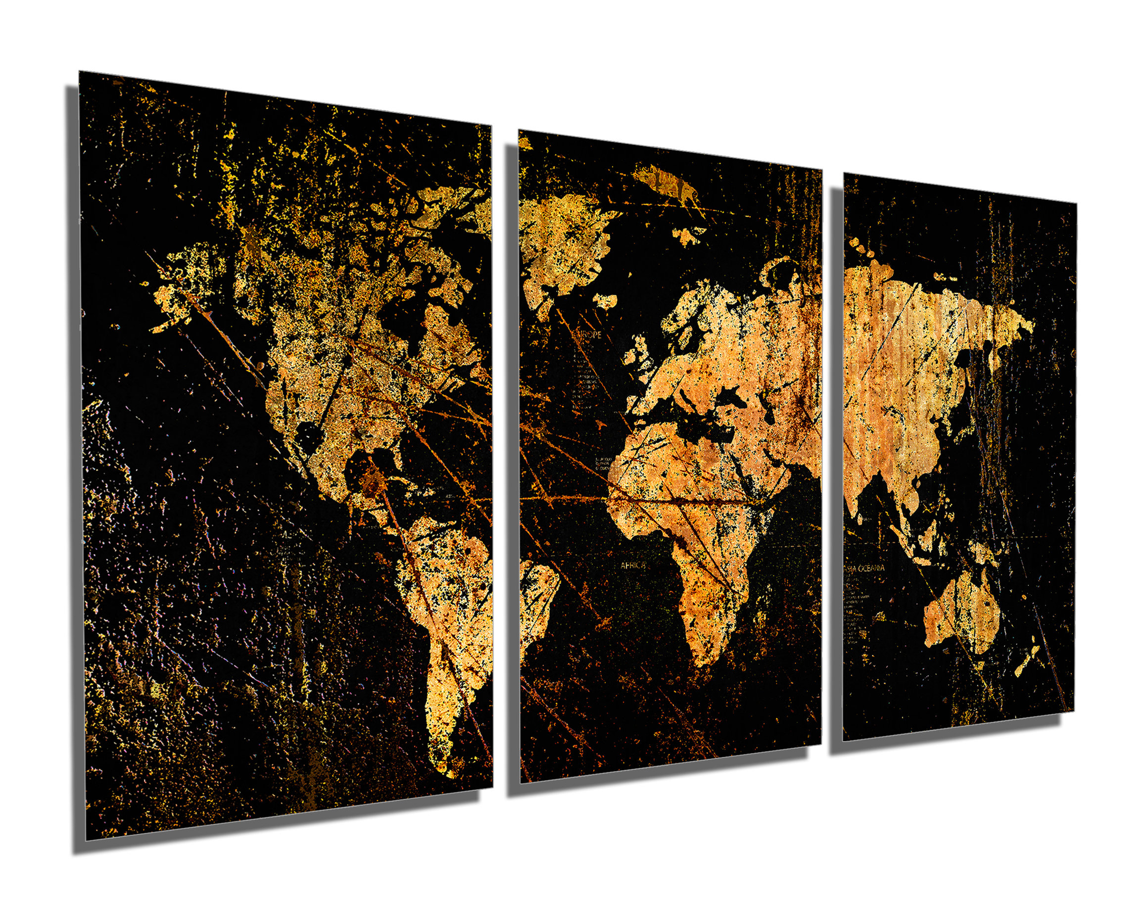 Abstract Black World Map Metal Print Wall Art, 3 Panel Split, Triptych ...