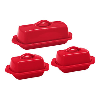 Chantal True Red Stoneware 3 Piece Traditional and Mini Butter Dish Set ...