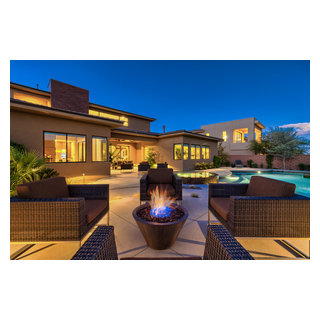 Curvilinear Pool with Rime Flow Spa and Copper Fire Urn - Las Vegas ...