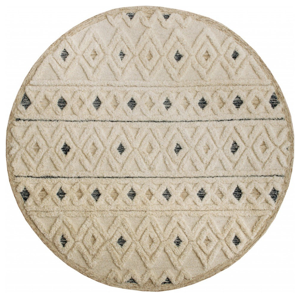 4??Round Cream and Blue Stripe Diamond Area Rug, 4' Round ...