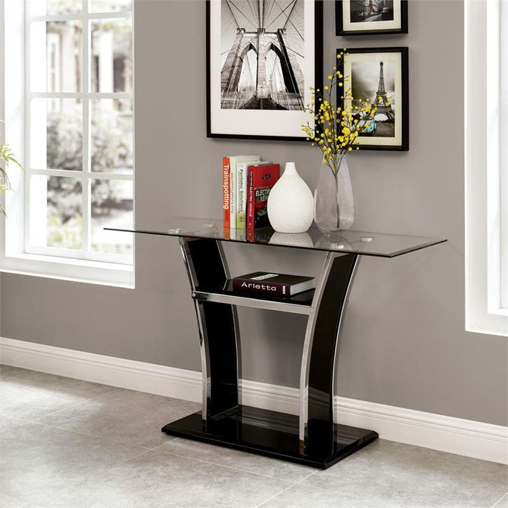 Bowery Hill Contemporary Glass Top Sofa Table in Glossy Black - Contemporary - Console Tables ...