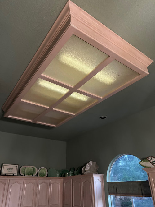 ideas to update large kitchen ceiling wood/florescent light box