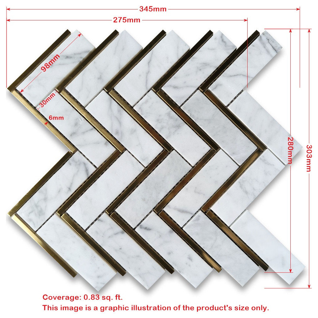 Carrara White Marble 1x4 Herringbone Mosaic Tile w/ Brass Strips Honed ...