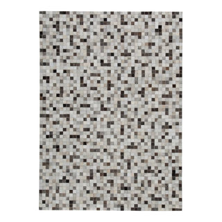 Hand Sewn Hair Fabric Rug with Tiles Pattern, Medium, Black and Brown ...