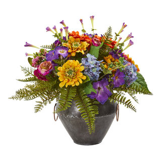 Mixed Flowers Artificial Arrangement in Metal Bowl - Transitional ...