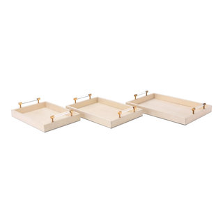 Modern Boxe Tray Decor, Set of 3, Cream, Faux Leather Acrylic Stainless ...