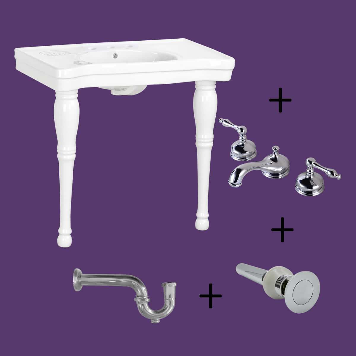 Console Sink White Porcelain with Hardwood Leg, 8" Faucet and P Trap ...