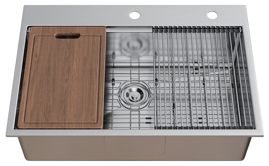 33" Stainless Steel Workstation Sink 18-Gauge Drop-In, Integrated Ledge ...