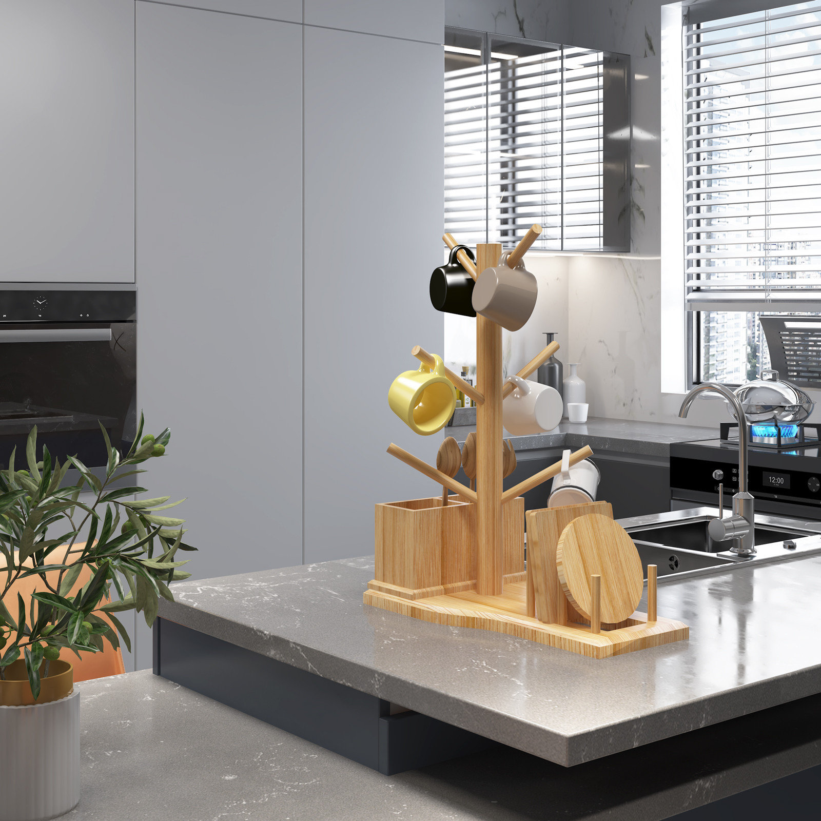 Bamboo Multifunctional Mug Holder Tableware Storage Rack - Contemporary ...