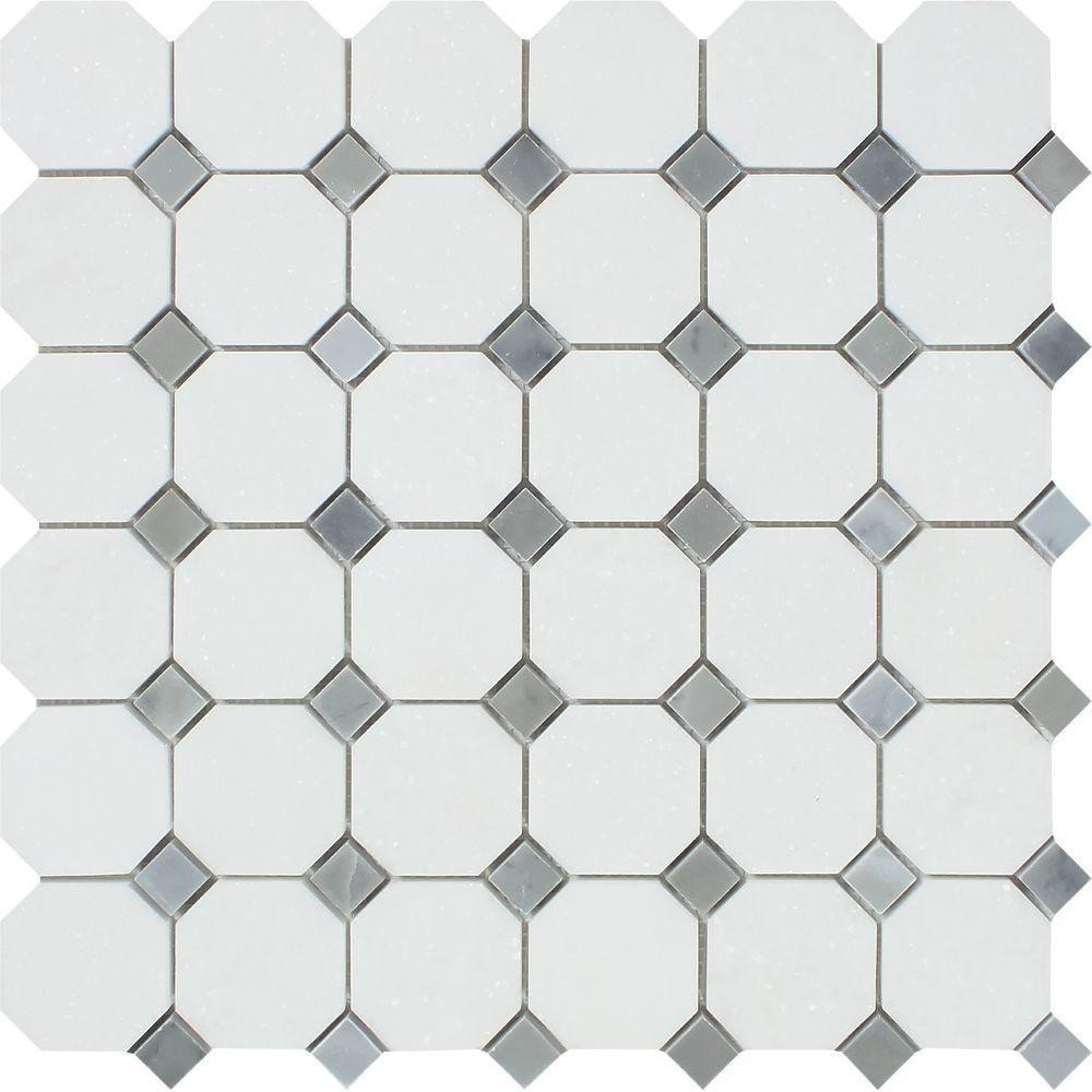 Thassos Polished Marble Octagon Mosaic With Blue-Gray Dots, 10 sq.ft ...