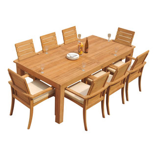 9-Piece Outdoor Teak Dining Set: 86" Rectangle Table, 8 Alps Stacking ...
