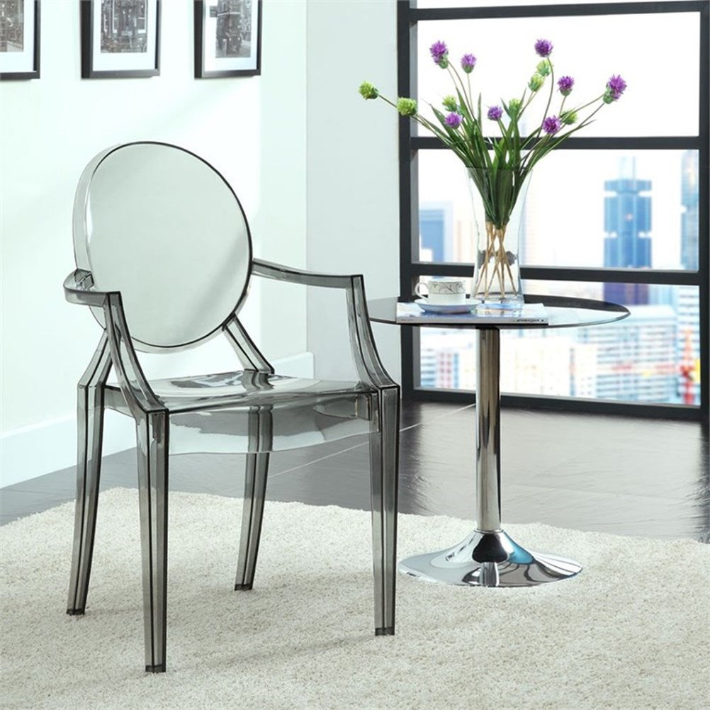Pemberly Row 18.5" Modern Plastic Dining Arm Chair in Smoke (Set of 2 ...