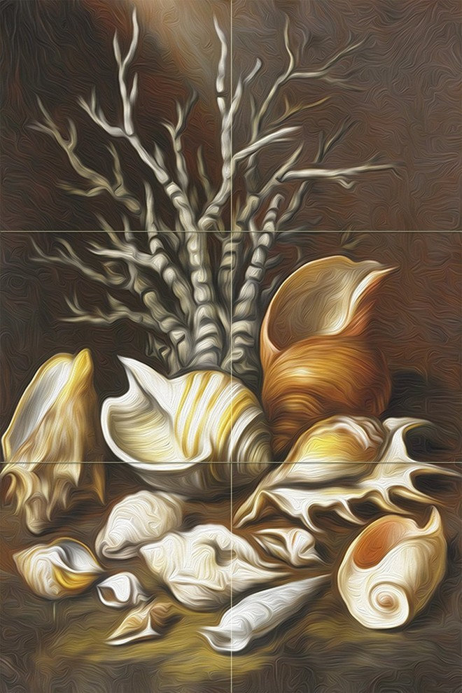 Tile Mural Coral and Shells Kitchen Backsplash, 6" Marble - Beach Style ...