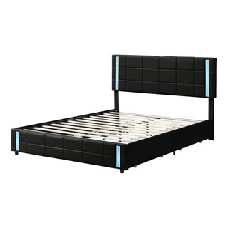 Elegant Platform Bed, Grid Tufted PU Leather Upholstery & Storage ...