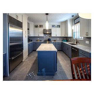 Two Tone Medallion White and Blue Kitchen with Gray Backsplash ...