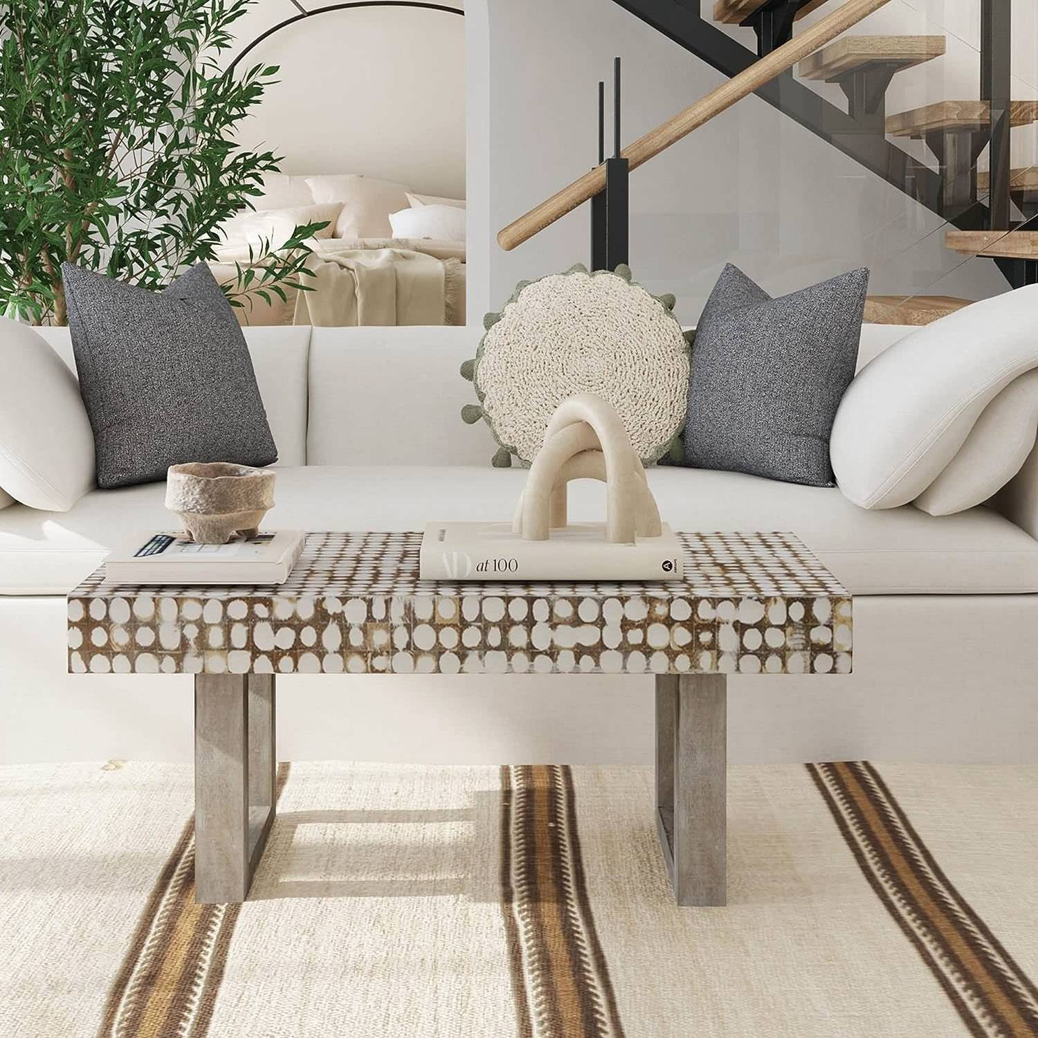 Rectangular Coffee Table With Inlaid Coconut Shells and Sturdy Wood ...