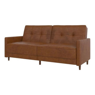 Retro Modern Coil Futon with Camel Faux Leather and Tufted Split Back ...