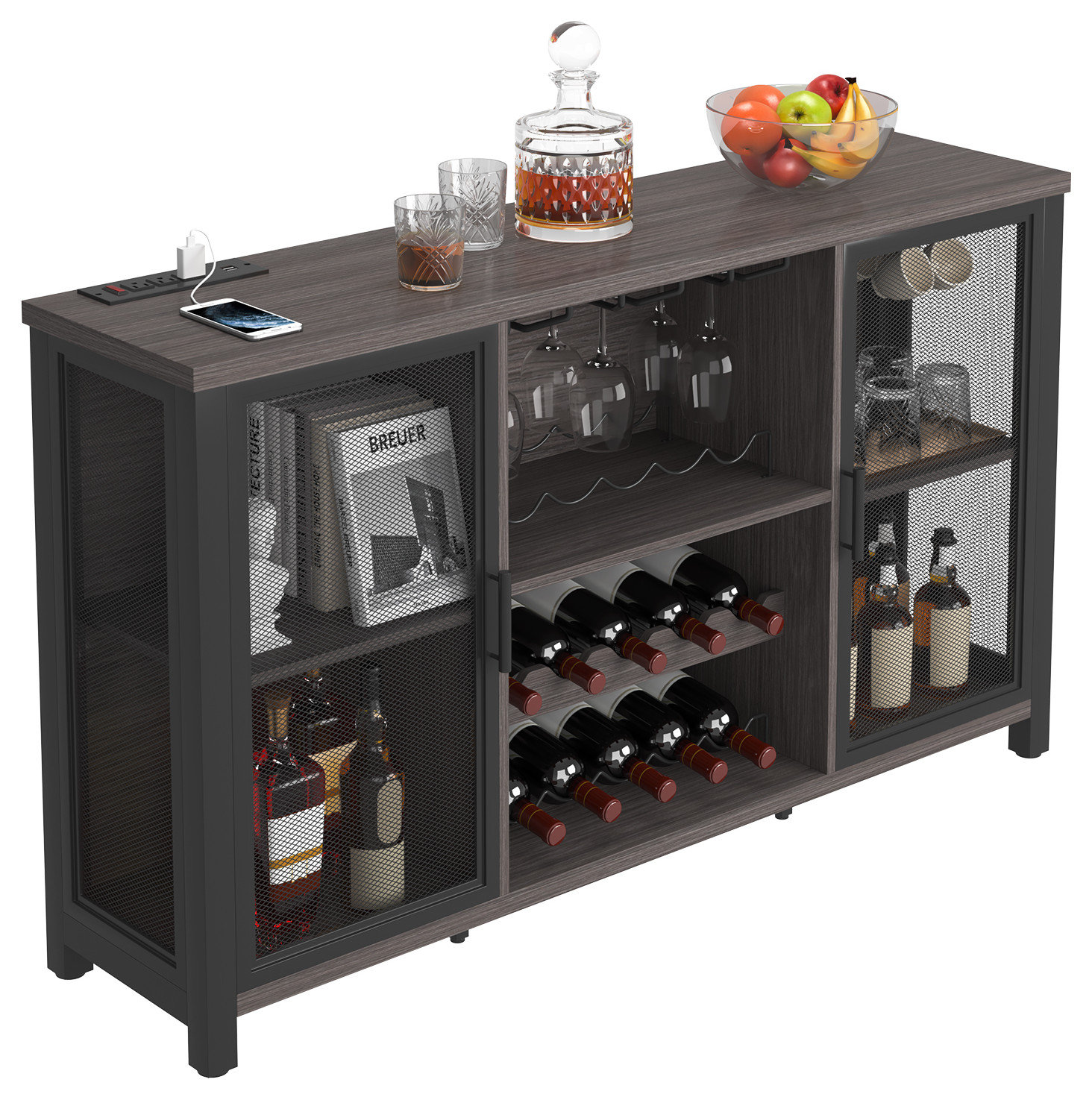 VEVOR Industrial Bar Cabinet Wine Bar Table With Wine Rack for Liquor ...