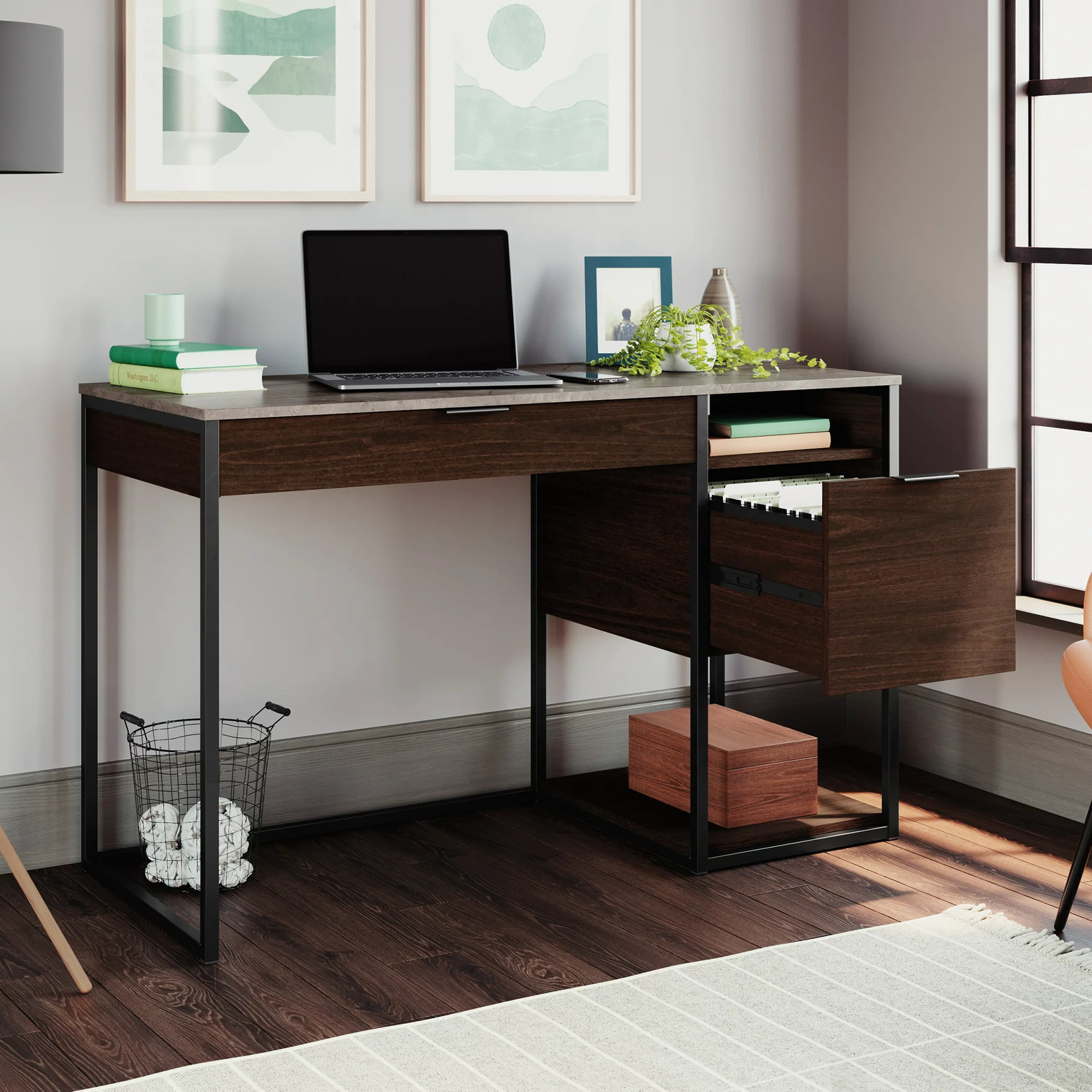 Modern Desk with Faux Stone Top Metal Frame and Ample Storage in Umber ...