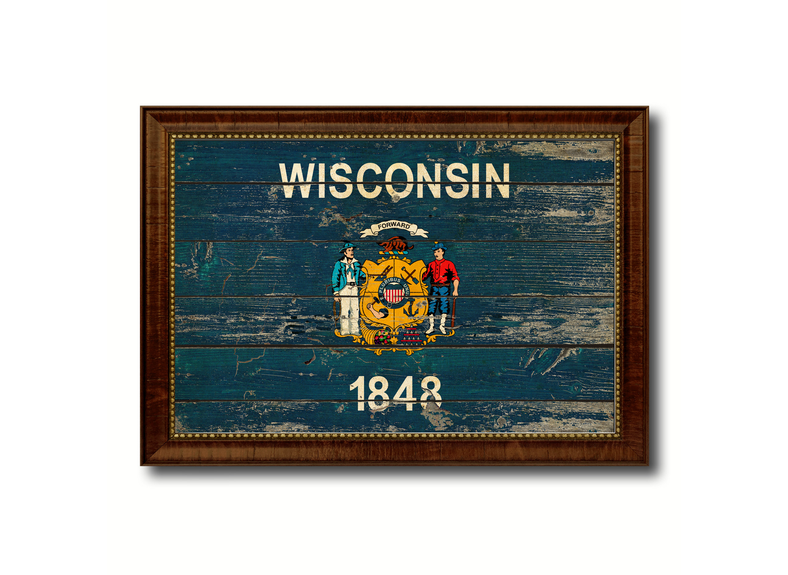 Wisconsin State Vintage Flag Print With Brown Gold Frame, 15" X 21 ...