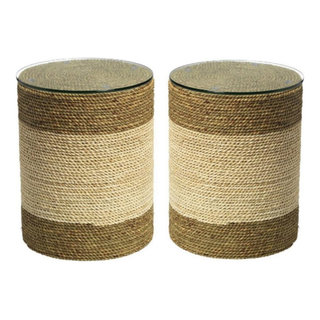 Home Square Straw Rope and Glass Side Table in Natural - Set of 2 ...