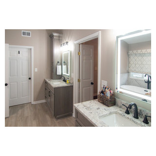 Traditional Master Bathroom With Warm Tones, Stand Alone Tub & Walk In ...
